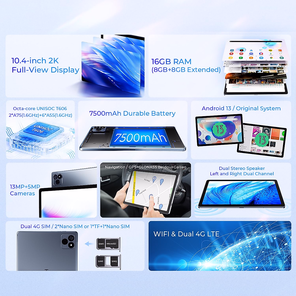 HOTWAV Pad 8 Android 13 Tablet 2023 New,16(8+8 Virtual) GB+ 256GB (1TB TF), 7500mAh 10.4 Inch 2000x1200 FHD+ Tablets 13MP+5MP Octa-Core Tablet PC, 4G LTE/5G WiFi/Dual SIM/OTG/GPS