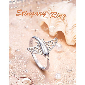 Ladytree S925 Sterling Silver Stingray Sea Animal Open Ring Manta Ray Tree of Life Adjustable Bypass Nature Ocean Ring,Size 7
