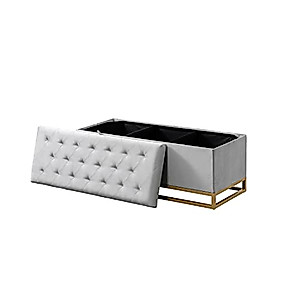 Chic Home Kadiri Storage Bench Velvet Upholstered Tufted Seat Gold Tone Metal Base with Discrete Interior Compartment Modern Contemporary, Grey