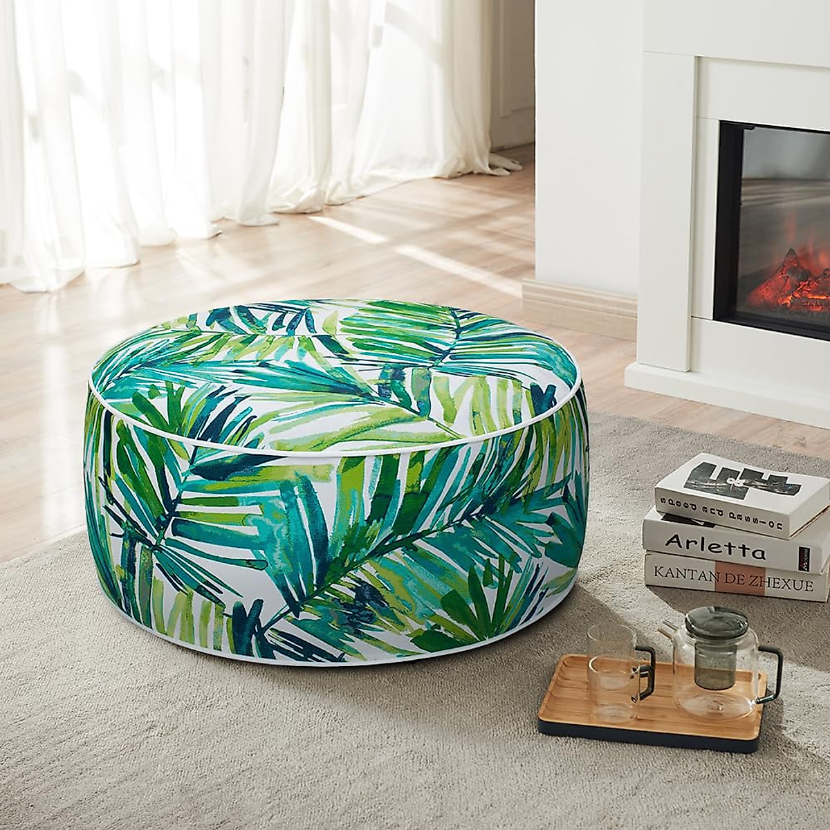 Magpie Fabrics Inflatable Stool Ottoman Pouf D20 xH9, Outdoor Round Footrest Footstool with Foot Pump, Portable for Patio Garden Travel Camping -Green Palm Leaves