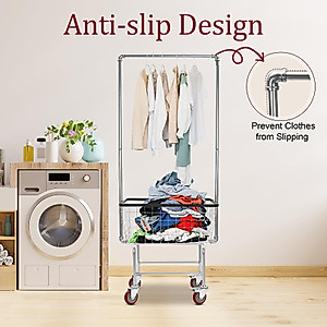 Wire Laundry Cart with Hanging Rack, Wire Laundry Basket With Wheels 27''x22''x67'', Commercial Wire Laundry Basket Cart With drying rod, Galvanized Steel Frame with 5'' Casters, Wire Basket Cart