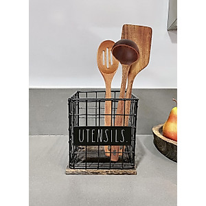 Rae Dunn Utensil Caddy - Silverware Holder, Cutlery Caddy for Fork, Knife and Spoon - Rustic Farmhouse Metal Grid-Iron Frame - Kitchen Organizer and Countertop Space Saver for Flatware