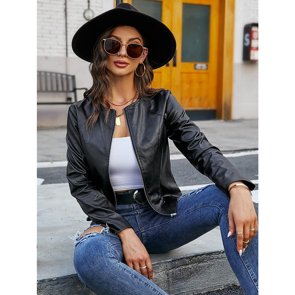 MakeMeChic Women's PU Leather Zip Up Crop Jacket Long Sleeve Moto Biker Coat Short Outerwear Black S