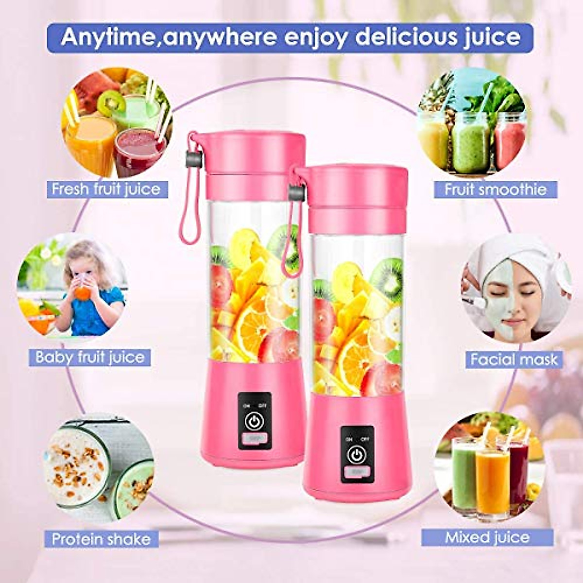 Portable Blender, Personal Mini Blender with 380ML for Smoothies and Shakes, USB Rechargeable Blender for Home, Kitchen, Office, Travel, Gym, Picnic (PINK)