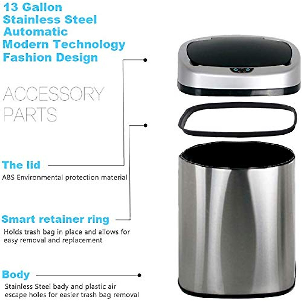 13 Gallon/50L Automatic Kitchen Trash Can with Lid, Touchless Garbage Can, Stainless-Steel Trash Cans Electronic Motion Sensor Smart Trash Bin for Kitchen Office Bathroom, Red