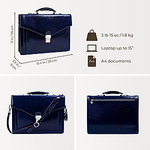Time Resistance Leather Briefcase for Men Handmade Italian Laptop Bag Classy Blue Attache Case