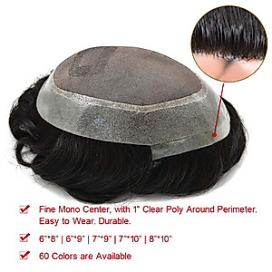 LHC Fine Mono Mens Toupee Natural Hairline Real Remy Human Hair System Clear Poly Skin Around Hairpiece Monofilament Wig (6 * 9, 1B Off Black 120%)