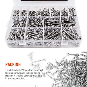 Trivd Frol 550Pcs Self Tapping Screws Assortment Set, M3/M4/M5/M6 304 Stainless Steel Sheet Metal Screws Kit, Phillips Drive Wood Screw Assortment 550Pcs(275pcs Round Head and 275pcs Flat Head)