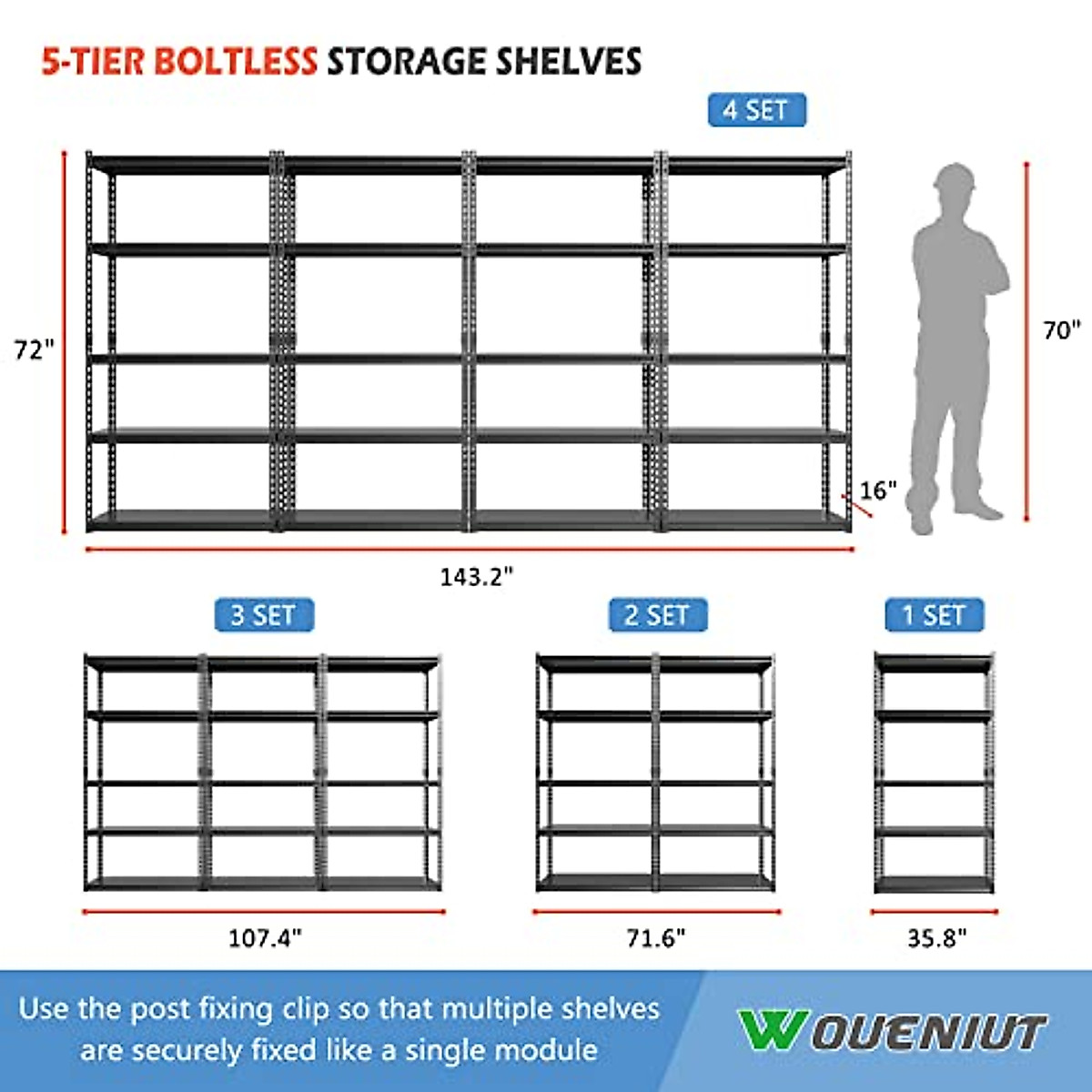 Woueniut Garage Storage Shelves, 72" Heavy Duty Metal Storage Utility Rack with Adjustable 5 Tier Shelving Storage Rack for Warehouse Basement Kitchen Living Room 35.8" W x 16" D x 72" H (4 Pack)
