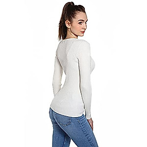 AmélieBoutik Women V Neck Henley Long Sleeve Pullover Ribbed Sweater (Ivory Large)