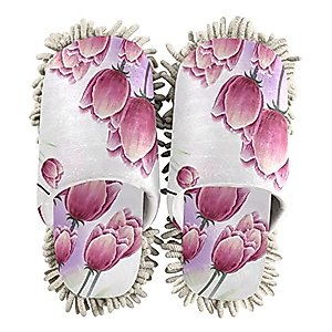 Kigai Microfiber Cleaning Slippers Beautiful Spring Tulip Flower Washable Mop Shoes Slipper for Men/Women House Floor Dust Cleaner, Size M