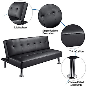 Topeakmart Tufted Faux Leather Sofa Couch Foldable Sofa Sleeper Bed Black Guest Couch Bed Converts to Recliner and Bed