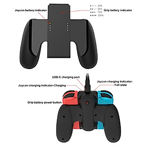 Kinvoca Charging Grip with 2000mAh Battery, 2-in-1 Comfort Grip for Nintendo Switch Controller, Controller Charger with 32in USB-C Cable, Power & Charge Indicators, Overcharge Protection