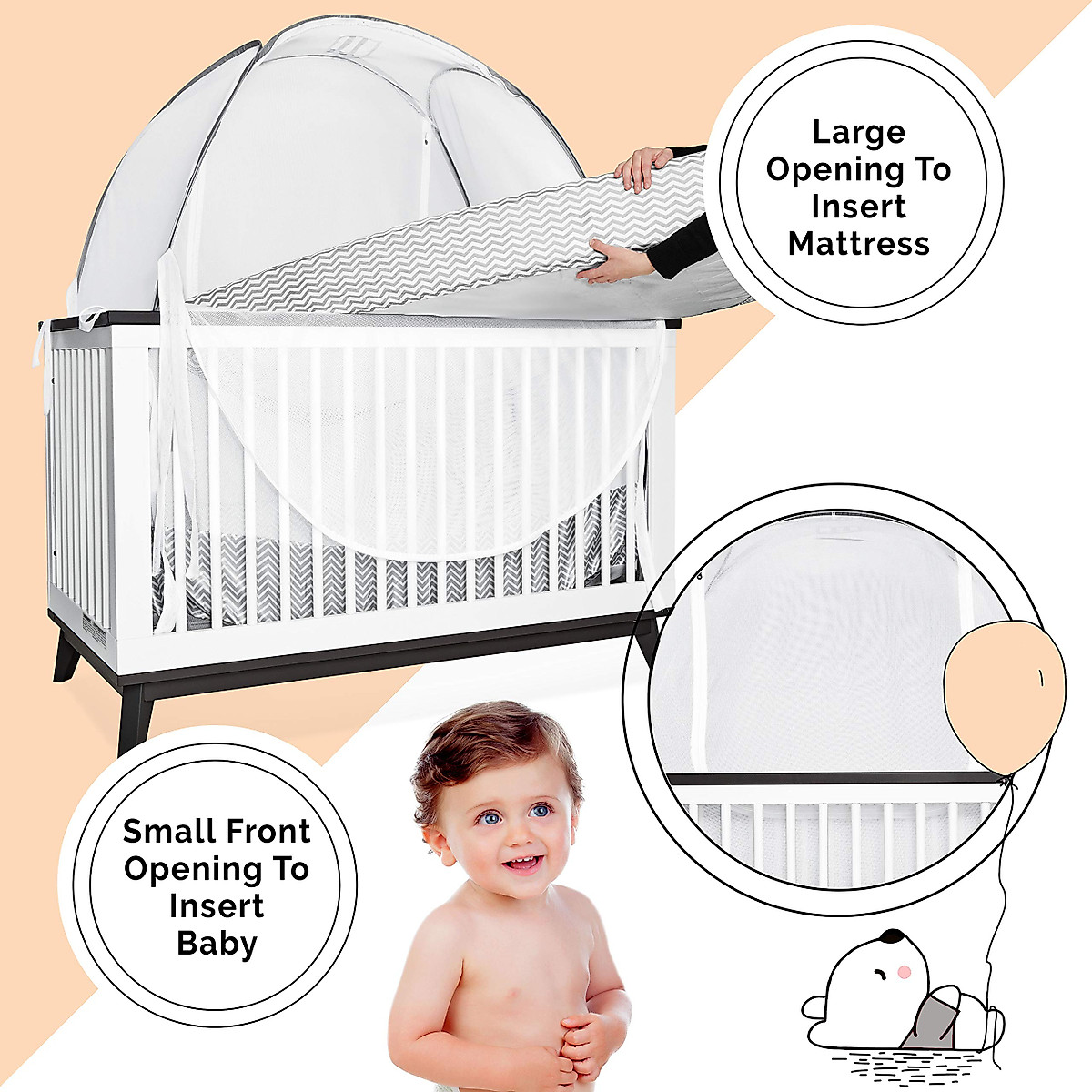 Crib Tent by Pro Baby Safety - Crib Topper Net with Viewing Window – See Through Soft Silky Mesh - Zippered Safety Top for Mosquito Bites and Falling Protection for Infant