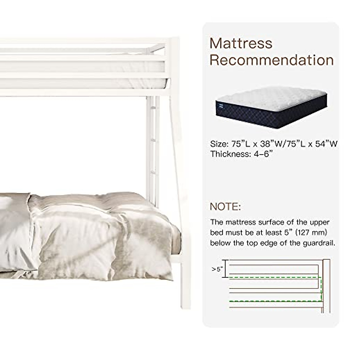 ikalido Metal Bunk Bed, Twin Over Full Size Beds with Sturdy Guard Rail & Removable Ladder, Space-Saving/Noise-Free/Matte White