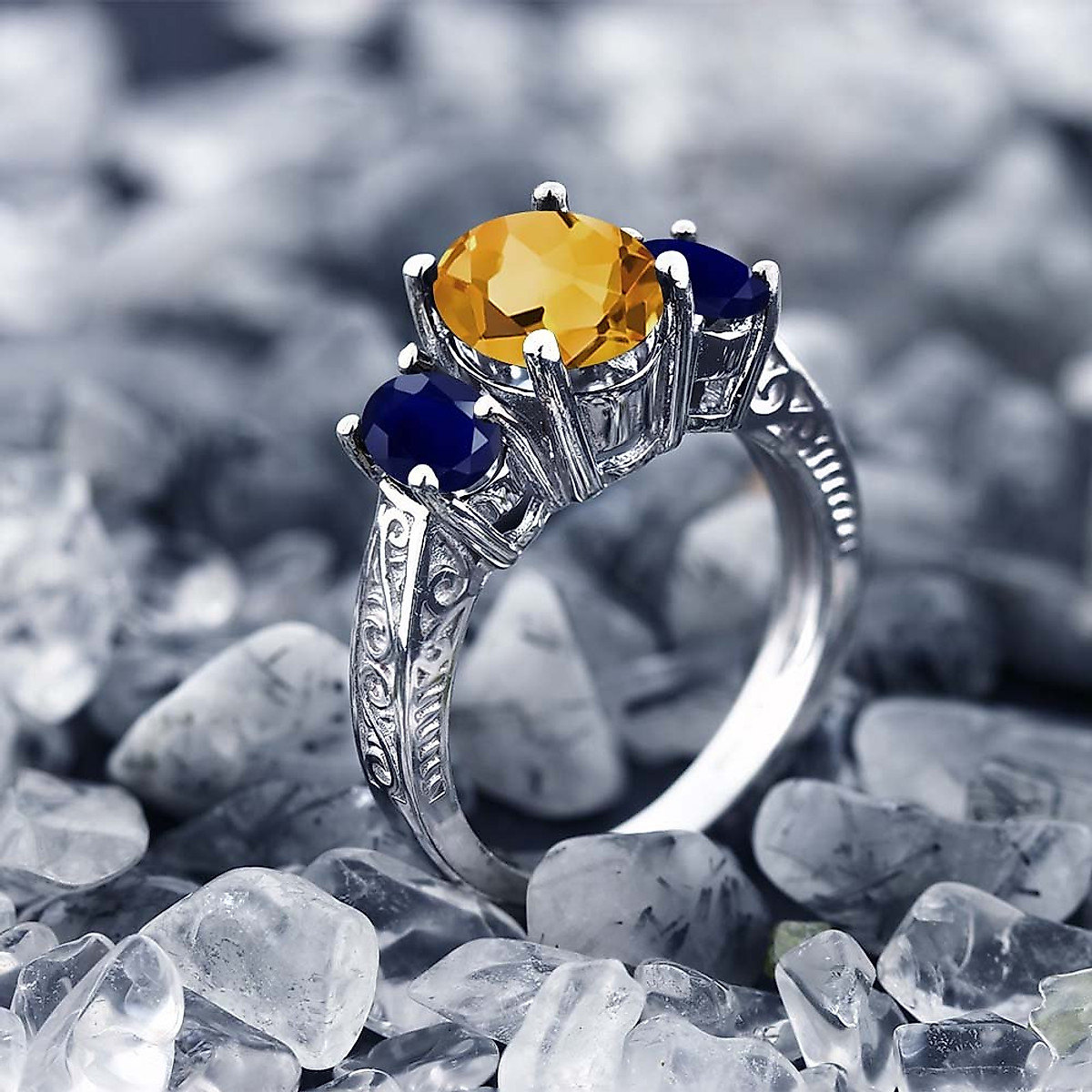 Gem Stone King 925 Sterling Silver Yellow Citrine and Blue Sapphire 3-Stone Engagement Ring For Women | 2.25 Cttw | Gemstone Birthstone | Available In Size 5, 6, 7, 8, 9