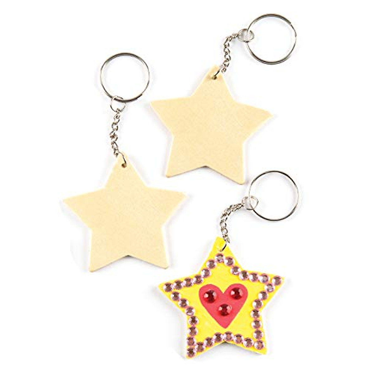Baker Ross Wooden AV609 Star Keyrings-Pack of 8, Assemble and Attach to Key Rings and Bags, Kids Craft Kit, 6cm