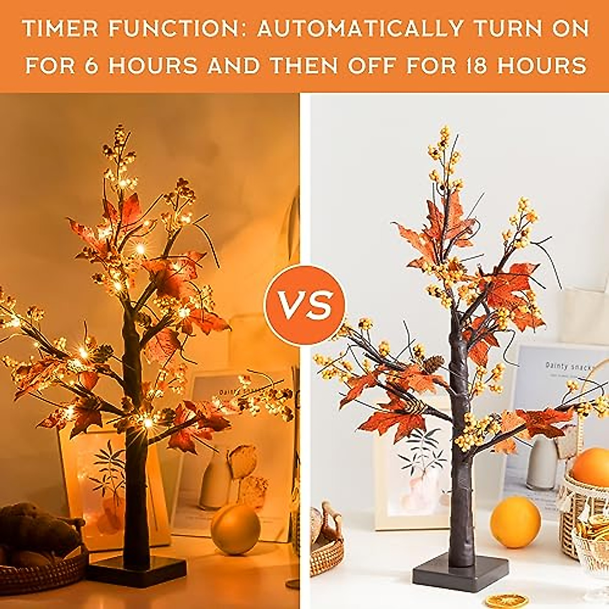 Ethlomoer 2 Pack 24 Inch Artificial Fall Maple Tree, Prelit 48 LEDs for Thanksgiving Decorations Fall Decor, Battery Operated with Timer, Lighted Autumn Tabletop Tree for Harvest Home Indoor Decor