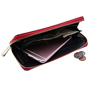 Textured Leather Zipper Wristlet Wallet -Red