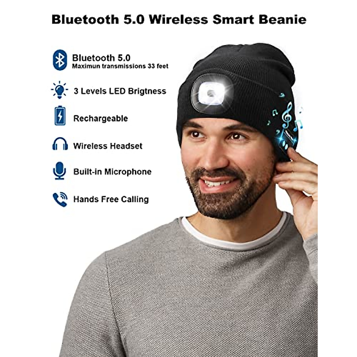 Unisex Bluetooth Beanie Hat with Light, Upgraded Musical Knitted Cap with Headphone and Built-in Stereo Speakers & Mic, LED Hat for Running Hiking, for Men Women Dad (Black)