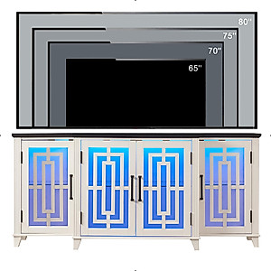 JXQTLINGMU Ultra Large 70 inch TV Stand for 80 Inch TV, LED Media Console with 3-Sides Hollow Out Glass Doors, Farmhouse Entertainment Center with Storage for Living Room, Bedroom, White