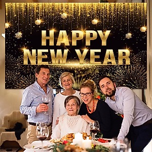 AIBIIN 7x5ft Happy New Year Backdrop Black Gold Glitter Bokeh Fireworks Photography Background Golden Sparkle Spots 2025 New Year Party Decoration Photo Studio Booth Props