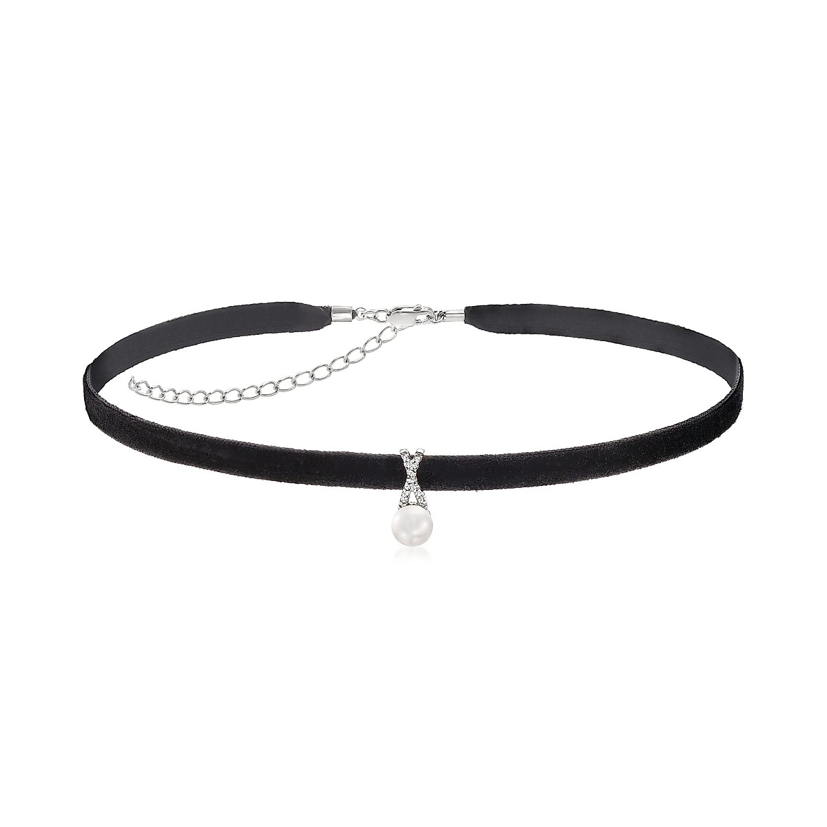 Ross-Simons 7-7.5mm Cultured Pearl and Diamond-Accented Pendant Choker Necklace With Sterling Silver and Black Velvet Cord. 13 inches