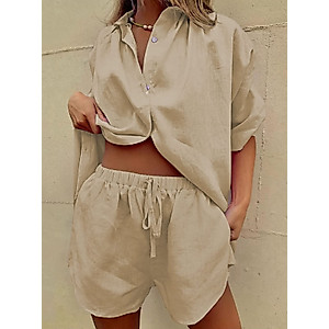 Meenew Women's 2 Piece Outfits Short Sleeve Shirt and Shorts Set Button Down Lounge Set Sweatsuits Pajama Set L Light Khaki
