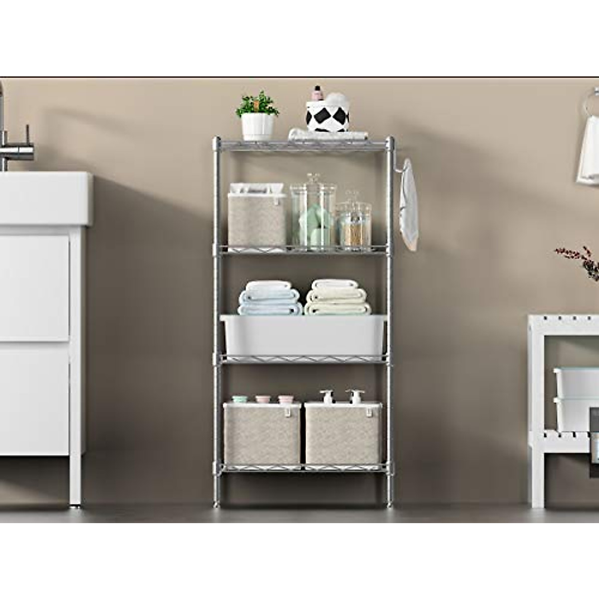 VOONEEN 4 Tier Shelf Shelving Units, Multipurpose Metal Modern Small Storage Rack with 4 Hooks, Stainless Steel Wire Organisation Suitable For Pantry Kitchen Livingroom Bathroom Office, 45*30*90 CM