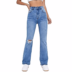 Floerns Women's High Waisted Ripped Jeans Flare Leg Bell Bottom Denim Pants Light Blue M