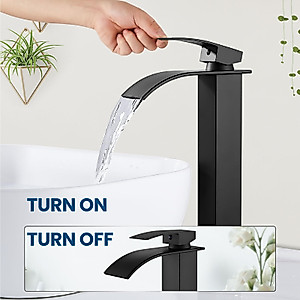 Airuida Vessel Sink Faucet, Matte Black Waterfall Spout Bathroom Faucet, Tall Single Handle One Hole Bowl Mixer Tap, Waterfall Spout Lavatory Vanity with Pop Up Drain