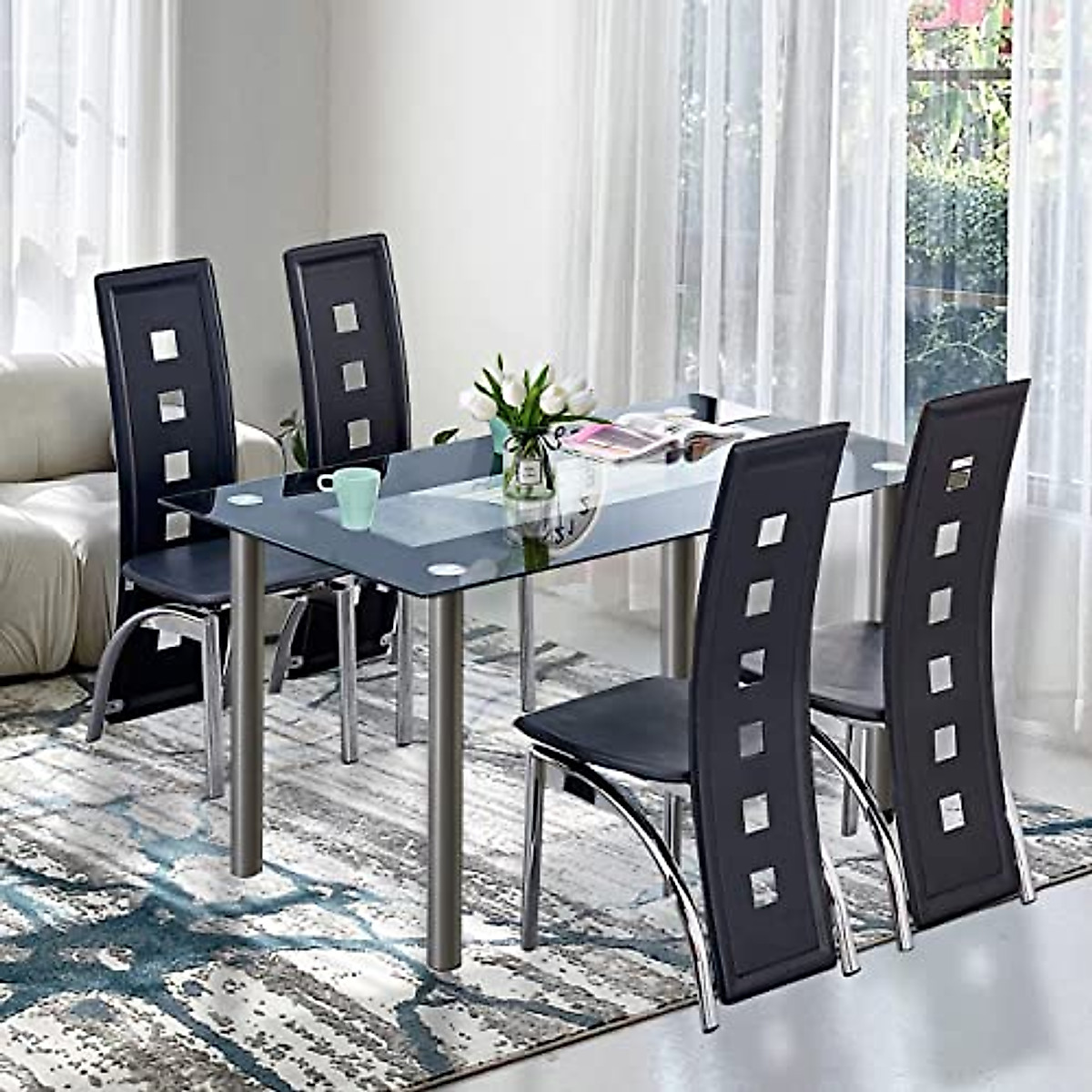 HomVent Dining Table Set for 4, Small Tempered Glass Dining Room Table Set, Kitchen Table and Chairs for Small Spaces, Transparent,White Modern 110cm, Stainless Steel PU Leather (Transparent & Black)