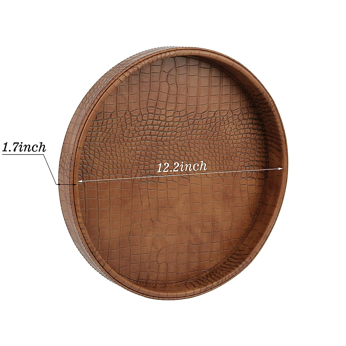 HofferRuffer Faux Leather Round Serving Tray, Vegan Croco Leather Decorative Tray, Food Tray for Storage Drinks, Snack & Cosmetics, Dia.12'' x 1.6'' (Antique Brown)