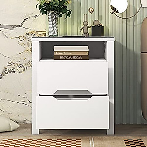 Modern Nightstands with Wireless Charging and Adjustable LED, Wooden End Side Table with 2 Storage Drawers and Open Shelf, Bedside Table for Bedroom Living Room Office, White