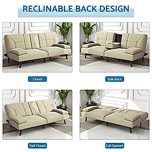 LIFERECORD Futon Sofa Bed Modern Linen Fabric Convertible Folding Lounge Couch Daybed for Living Room with 2 Cup Holders, Removable Soft Armrest and Sturdy Metal Leg, Khaki