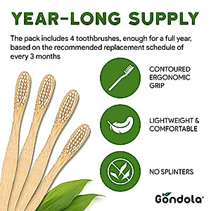 Gondola Adults Bamboo Toothbrushes- Eco Friendly Wooden Toothbrushes with Soft Bristles & Smooth Bamboo Handles - Biodegradable & Zero Waste Packaging-4 Pack