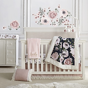 Levtex Baby - Fiori Crib Bed Set - Baby Nursery Set - Floral - Charcoal, Coral, Pink, Green, Cream - Bold Floral - 4 Piece Set Includes Quilt, One Fitted Sheet, Wall Decal & Skirt/Dust Ruffle