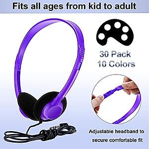 30 Pack Class Set Headphones for Kids School Earphones over Head Bulk Colored Classroom Headphones on Ear Earbuds Adjustable with 3.5 mm Jack for Libraries Students Teens Adults, Individually Wrapped