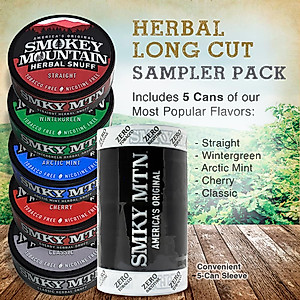 Smokey Mountain Herbal Long Cut – 5 Can Sampler Box - Straight, Classic, Wintergreen, Arctic Mint & Cherry - Tobacco Free and Nicotine Free Snuff