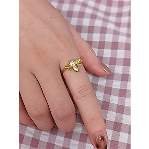 CZ Bee 925 Sterling Silver Ring for Women 14K Gold Plated Cubic Zirconia Crystal Texture Animal Honeybee Statement Open Band Rings Comfort Fit Adjustable Expandable Finger Jewelry Dainty