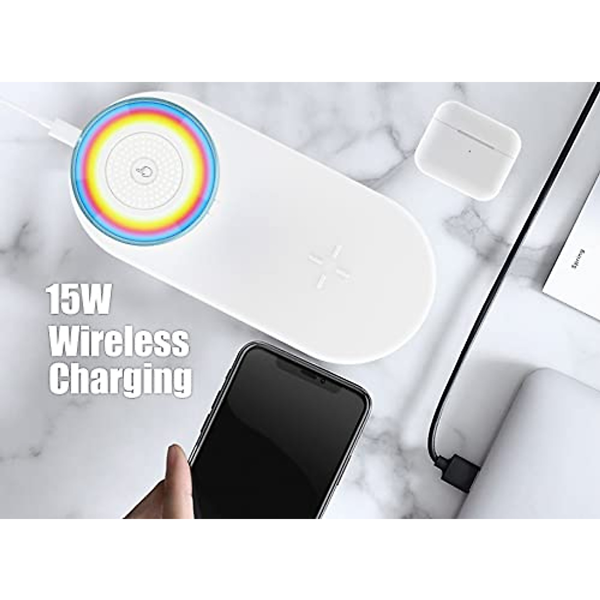 15W Wireless Phone and AirPod Charger, Touch Dimming Multicolor Night Light, Portable Bluetooth Speaker