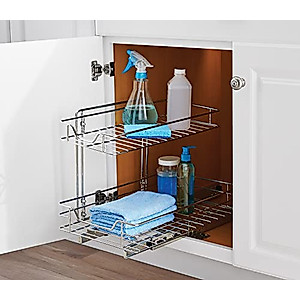 Smart Design Pull-Out Cabinet Organizer – 2-Tier Chrome, Small Top, Medium Bottom – Steel Sliding Cabinet Organizer Holds Up To 100 lbs. for Optimal Home Organization and Storage