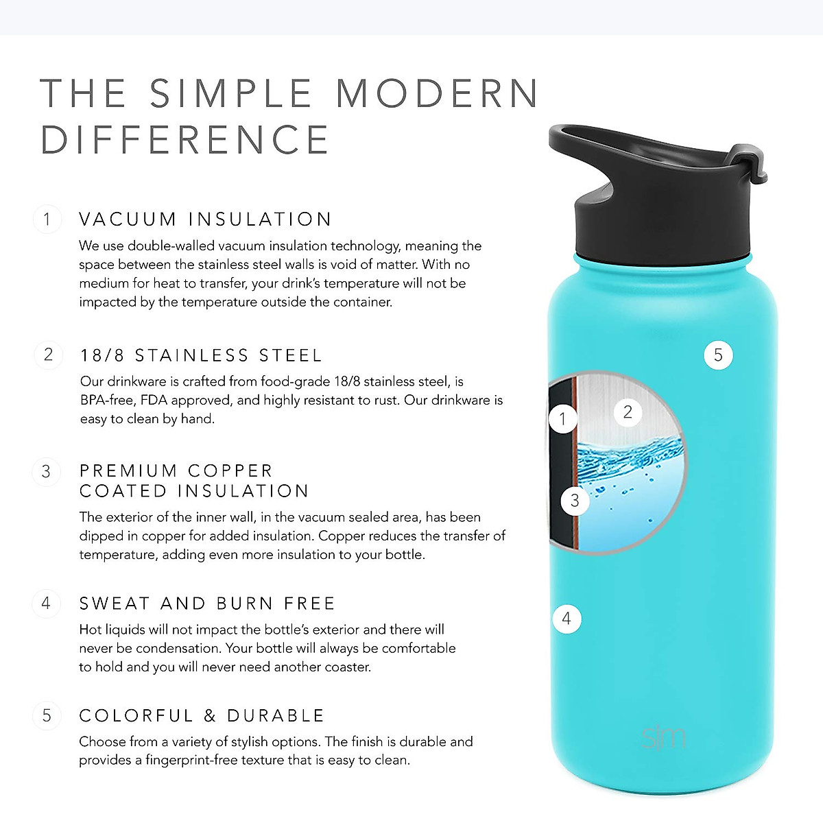 Simple Modern 22 Ounce Summit Water Bottle - Stainless Steel Tumbler Metal Flask +2 Lids - Wide Mouth Double Wall Vacuum Insulated Teal Leakproof -Caribbean