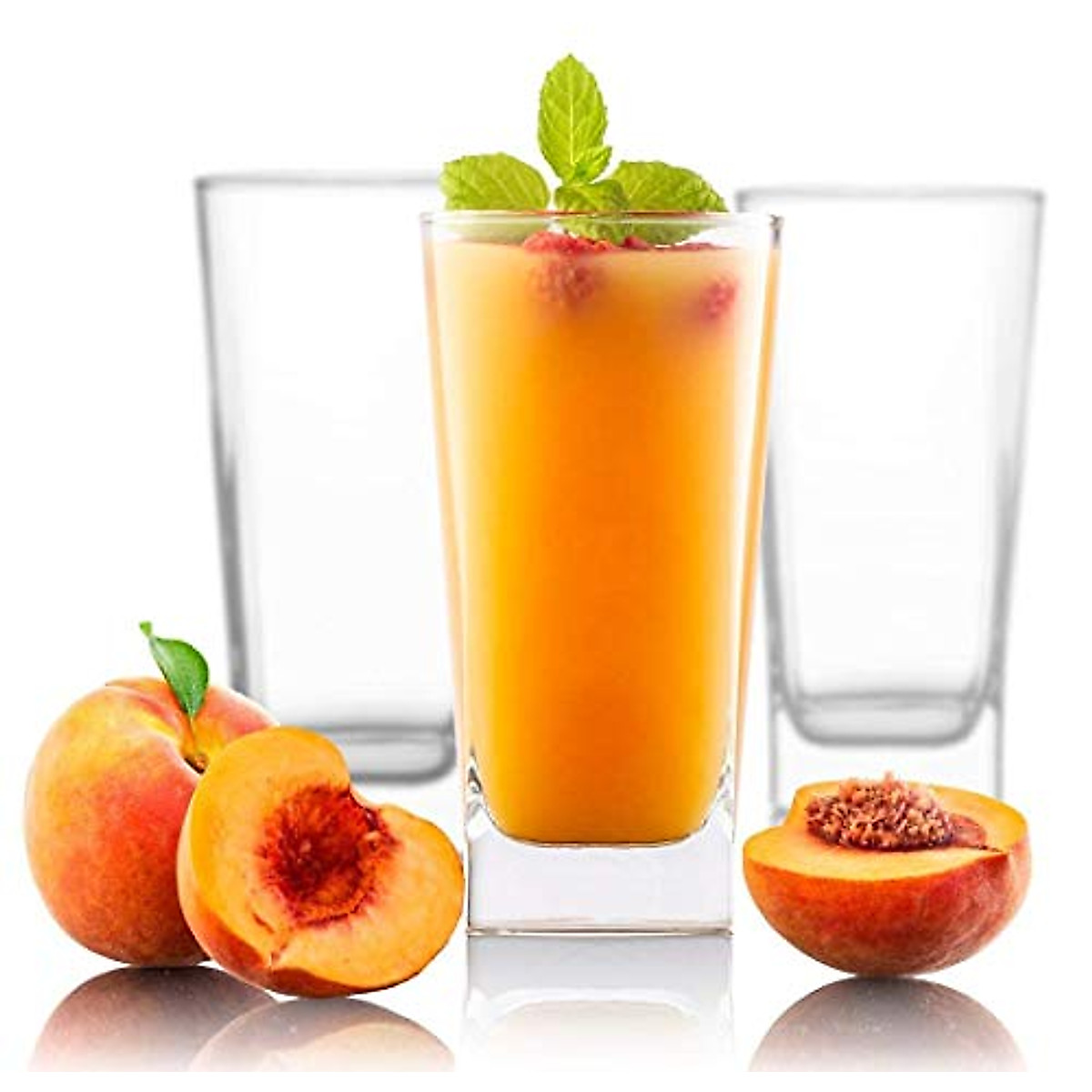 Highball Glasses [Set of 4] + 4 Stainless Steel Straws, 16 oz Lead-Free Crystal Clear Glass, Elegant Drinking Cups for Water, Wine, Beer, Cocktails and Mixed Drinks - Round Top, Square Bottom