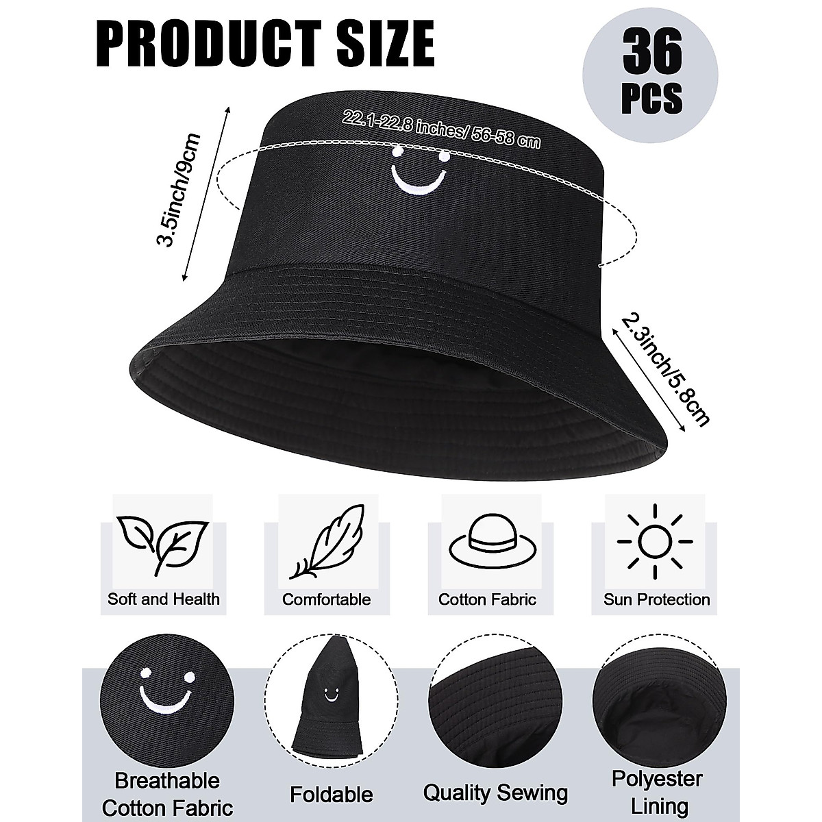 Xtinmee 36 Pcs Bucket Hats Bulk for Men Women White and Black Bucket Hats Unisex Summer Outdoor Travel Sun Hat Smiling Face Cute Cotton Cap Beach Fishing Hat for Teens Boys Fisherman
