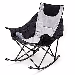 SUNNYFEEL Oversized Rocking Camping Chair, Folding Rocker Camp Chairs with Luxury Padded Recliner & Pocket,Carry Bag, 300 LBS Heavy Duty for Outdoor/Picnic/Patio/Porch, Portable Lawn Chair(Grey)