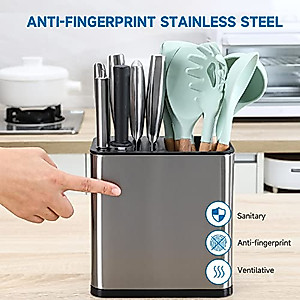BIARTS 2 in 1 Universal Knife Block without Knives Stainless Steel Knife Holder for Kitchen Counter with Drainage Hole Knife Storage with Utensil Holder Modern Design, Rectangle, 7.7"L x 4.6"W x 7.9"H