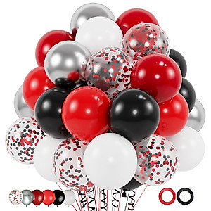 100pcs Red and Black White Balloons Kit, 12inch Black Red White Silver Confetti Balloons for Birthday Racing Car Poker Card Casino Baby Shower Graduation Valentine’s Party Decoration