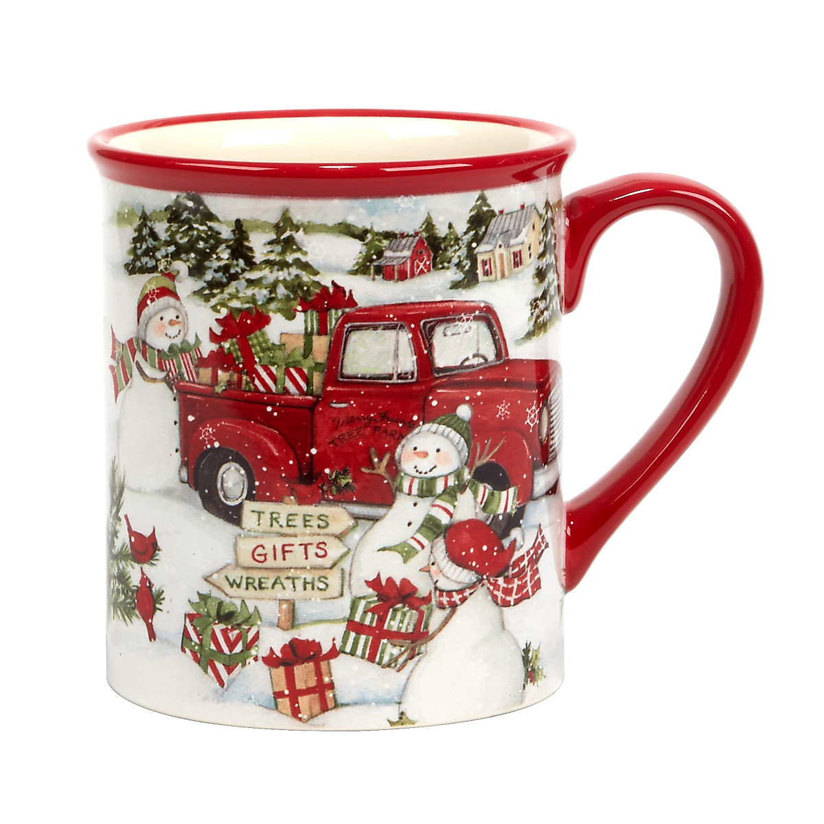 Certified International Red Truck Snowman 16 oz. Mugs, Set of 4, Multicolor