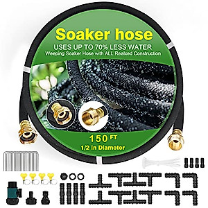 HZYOUMU Soaker Hose with Solid Brass Connectors 150 FT for Garden Beds 1/2 Inch Rubber Longer Lasting Drip Irrigation Save 70% of Water Various Accessories Great for Lawn and Yard